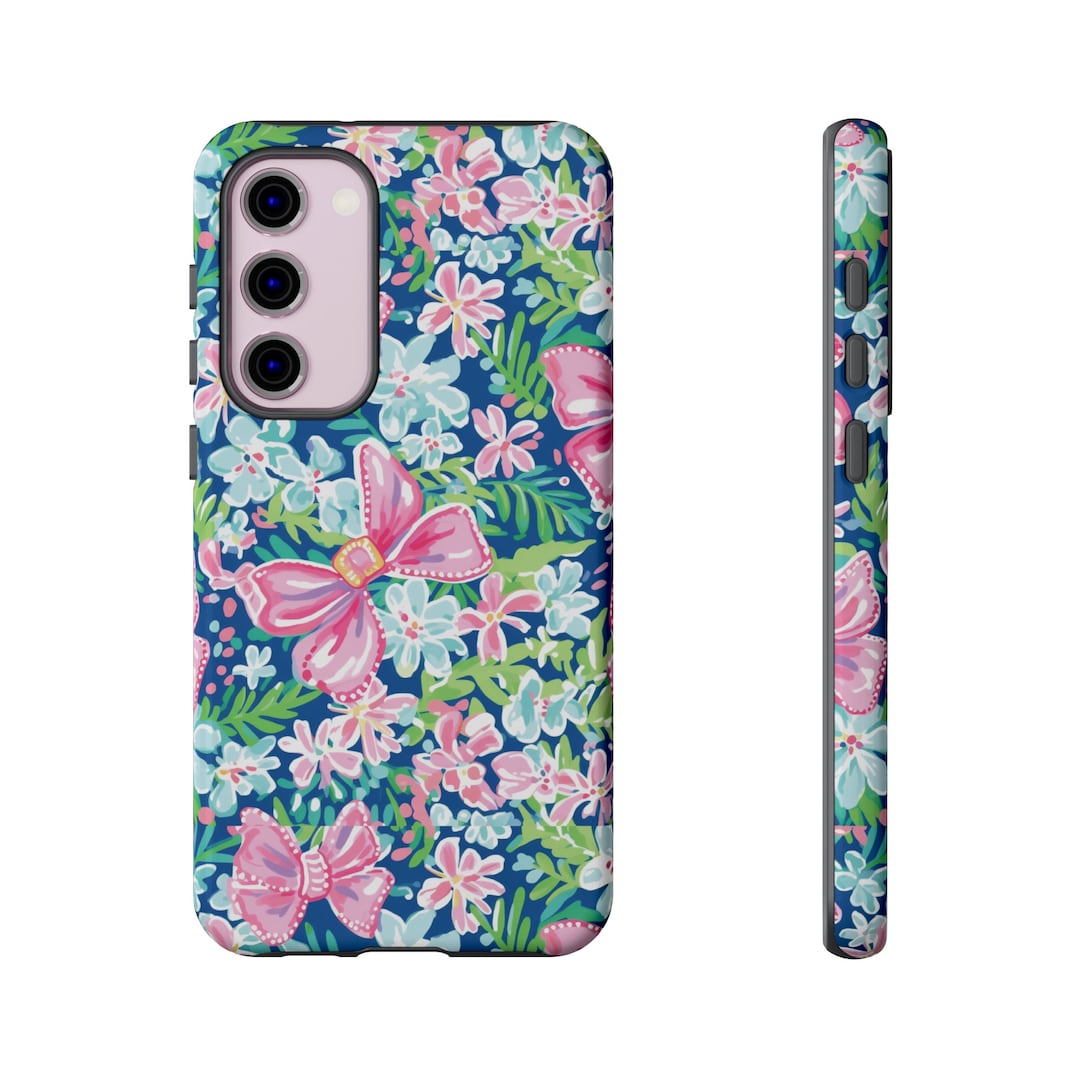 Preppy Pink Bows and Baby Blue Flowers Phone Case Pink and Blue Preppy ...
