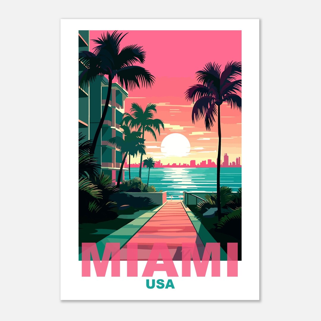 Tropical Sunset in Miami Art Print, Vibrant Beachside Palm Trees Poster ...