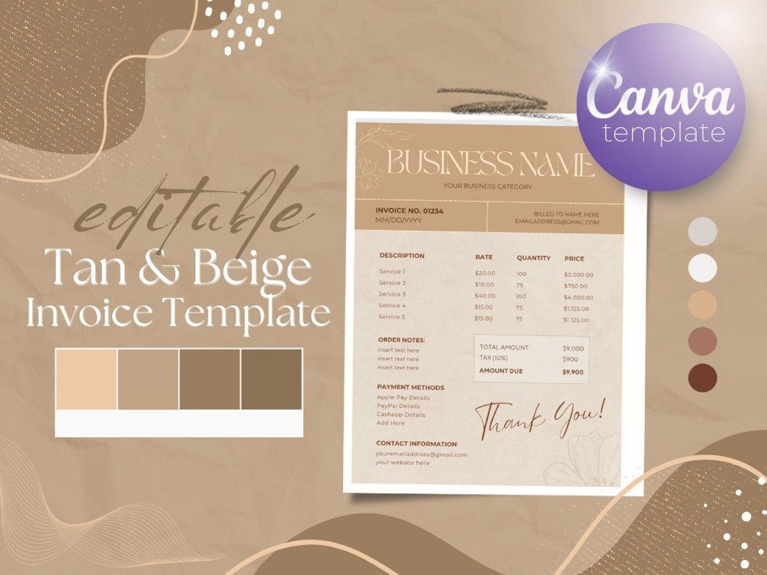 Tan & Beige Aesthetic Invoice Template, Fully Editable in Canva - Etsy