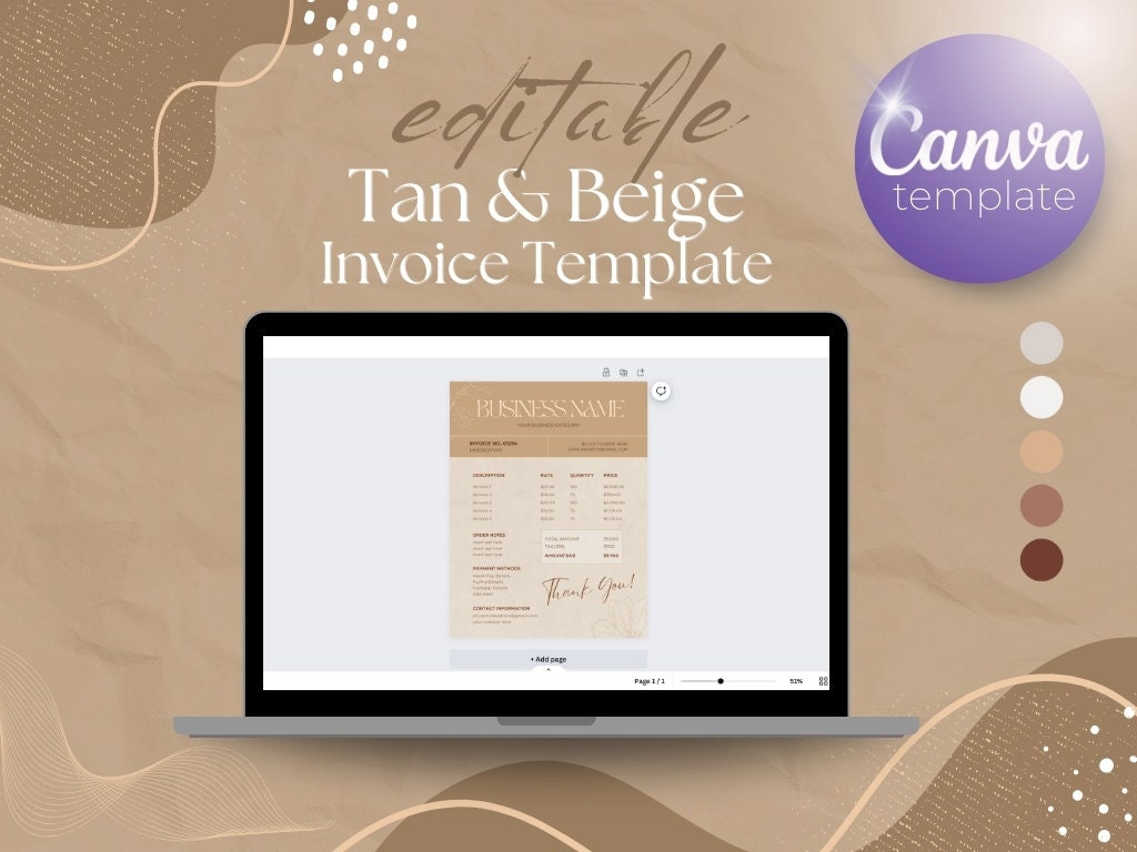 Tan & Beige Aesthetic Invoice Template, Fully Editable in Canva - Etsy