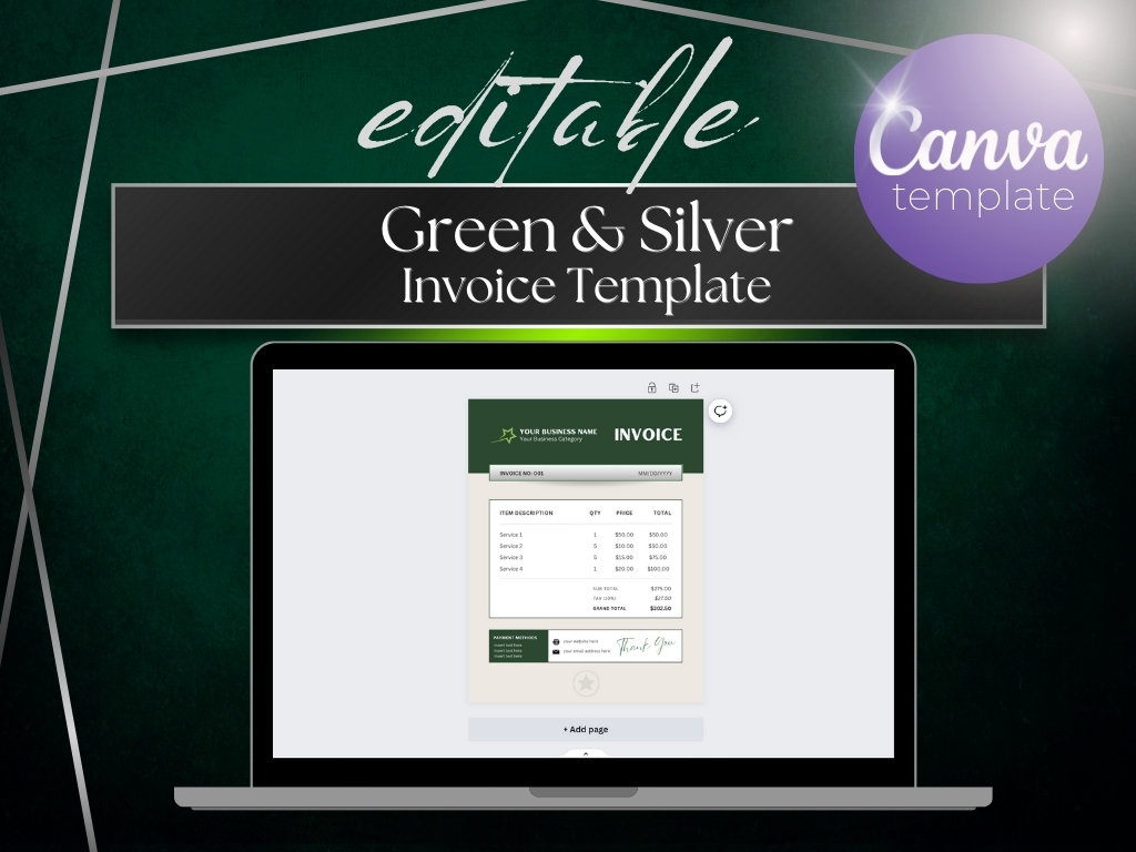 Green & Silver Invoice Template, Fully Editable in Canva - Etsy