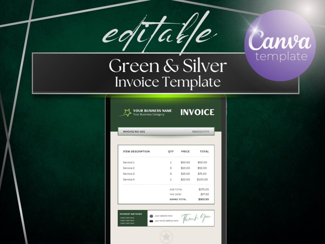 Green & Silver Invoice Template, Fully Editable in Canva - Etsy