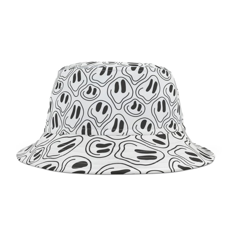 Melting Smiley Face Bucket Hat - EDM Rave Gear - Black and White Bucket ...