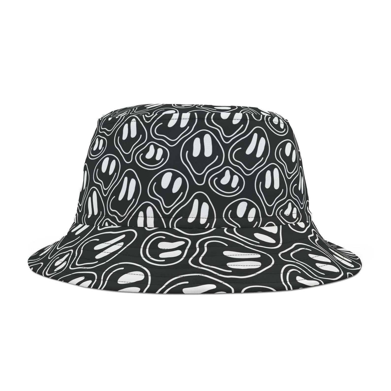 Melting Smiley Face Bucket Hat - EDM Rave Gear - Black and White Bucket ...