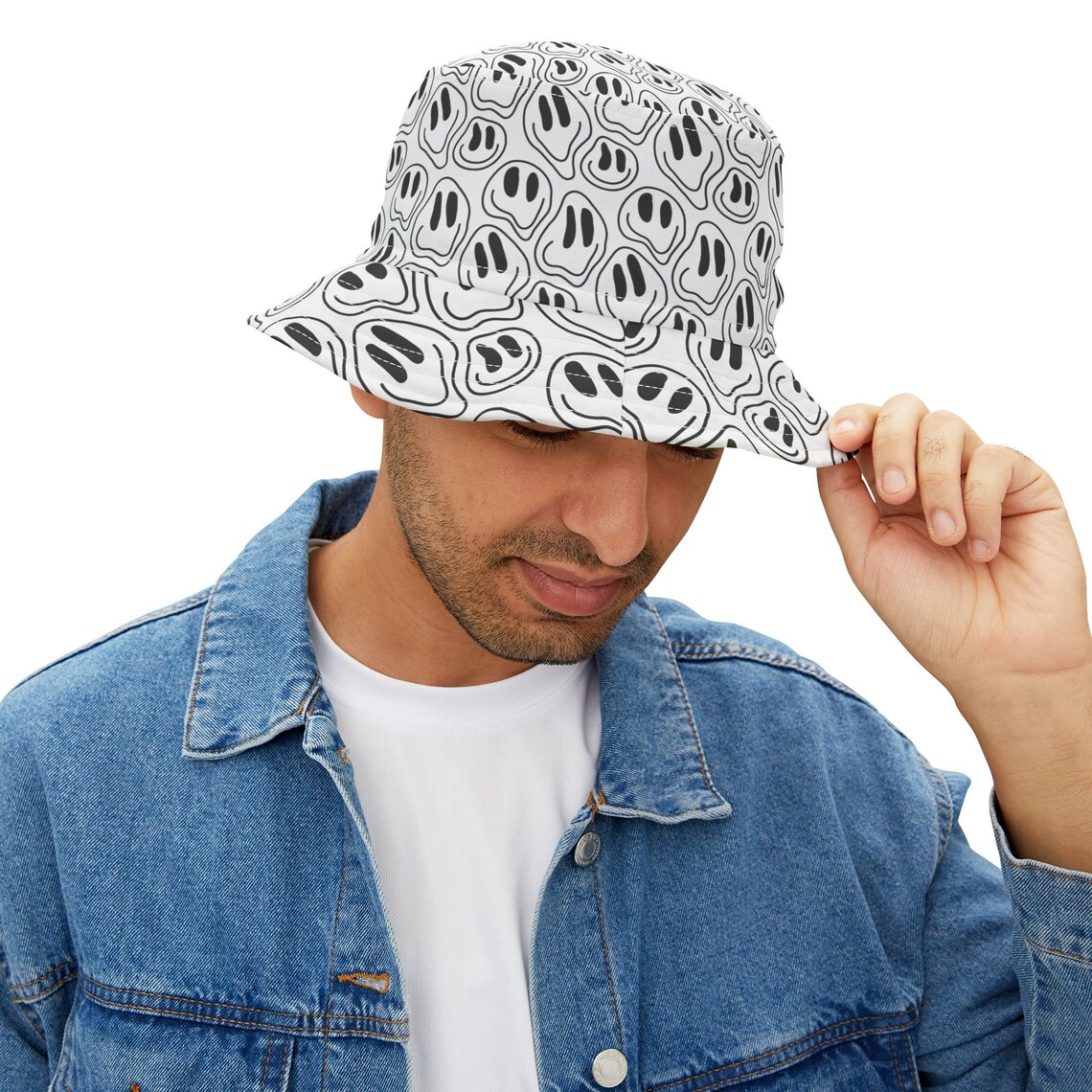 Melting Smiley Face Bucket Hat - EDM Rave Gear - Black and White Bucket ...