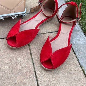 Suede Sandals – Peep Toe Flats With Ankle Strap, Soft Summer Shoes for ...