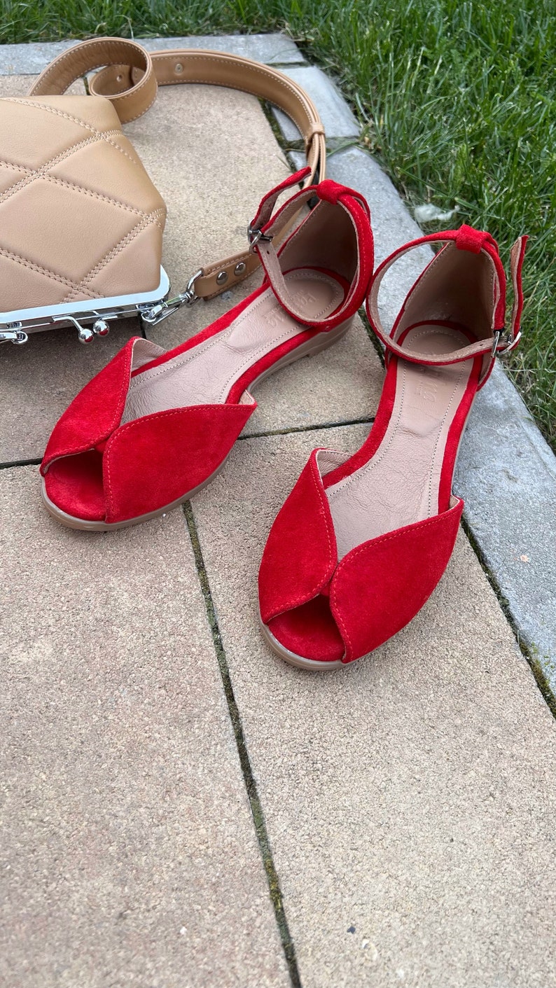 Red Suede Peep Toe Flats – Handmade Ankle Strap Sandals - Etsy