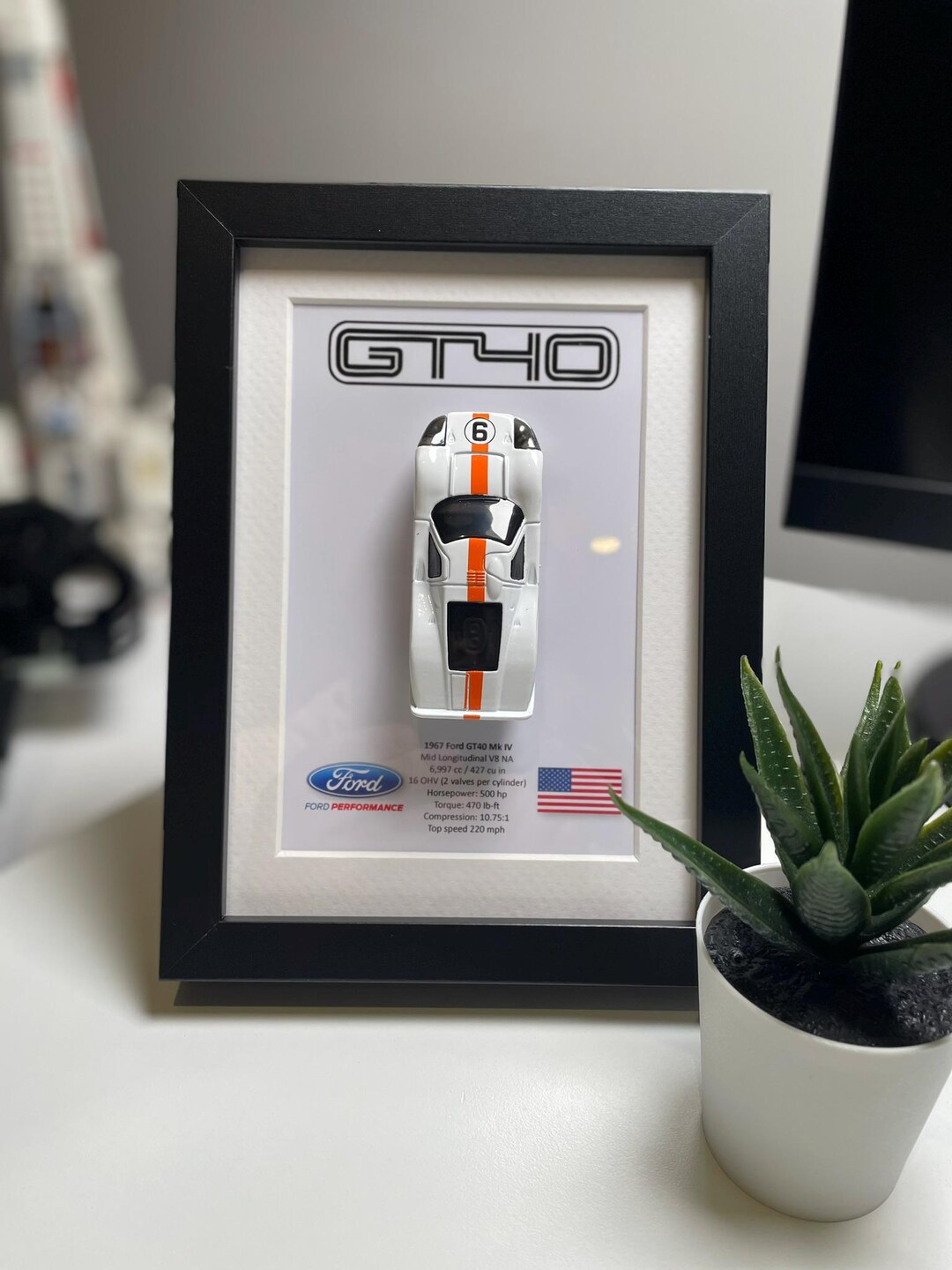 1/64 Hot Wheels Ford GT40 (white/orange), Framed Wall Art for Home or ...