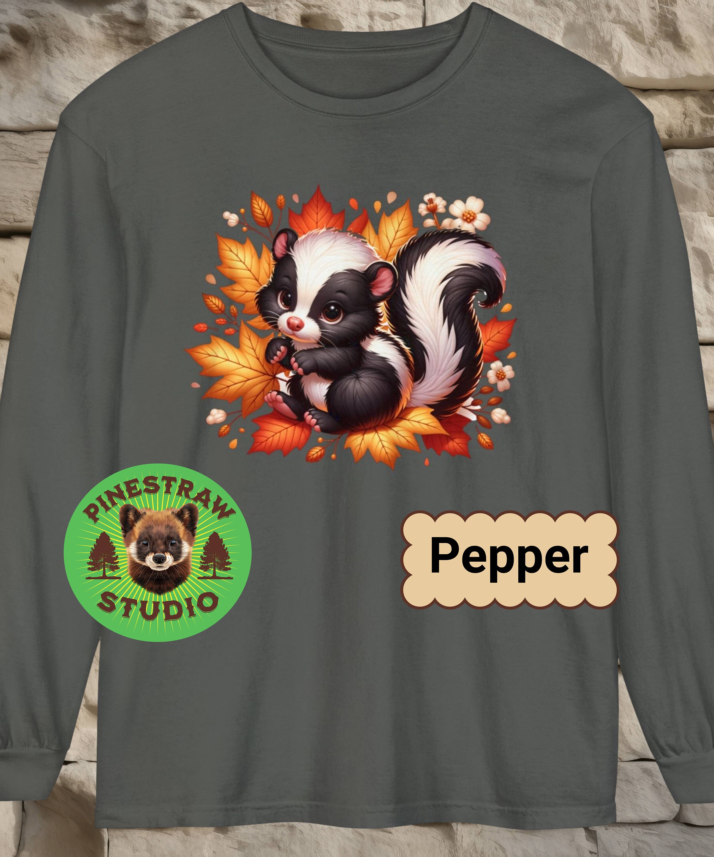 Folkart Skunk in Autumn Leaves Comfort Colors Long Sleeve T-shirt, Cute ...