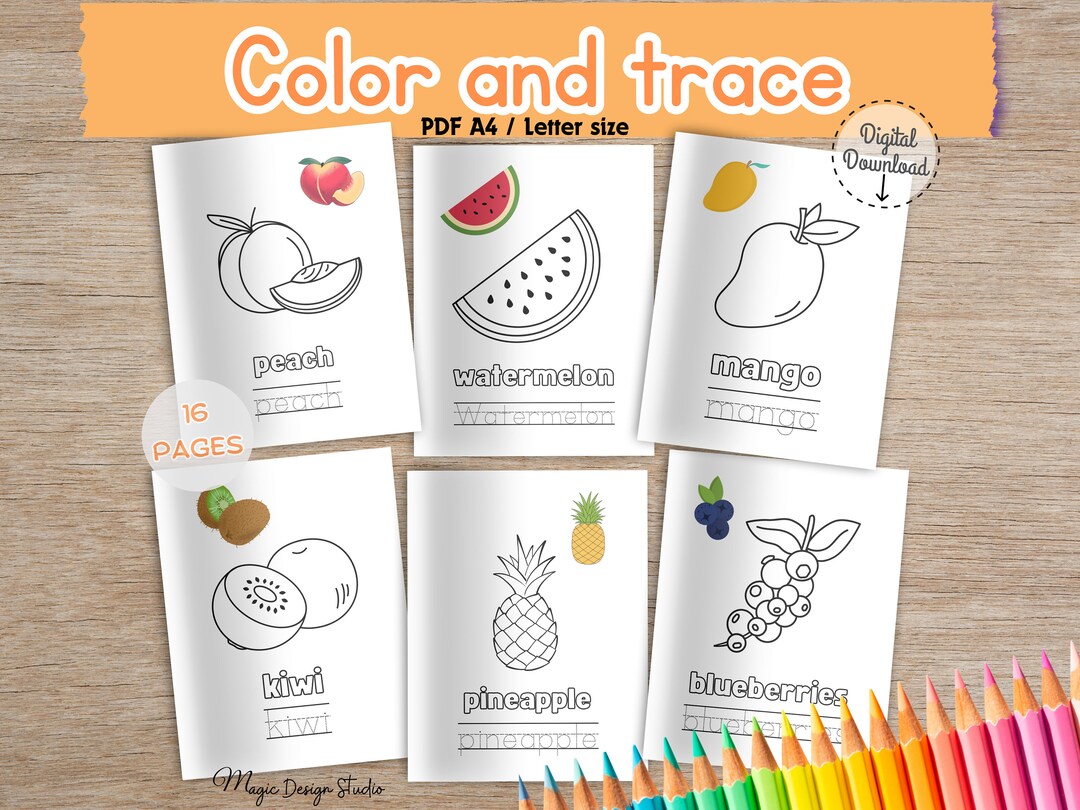 Printable Fruit Coloring, Tracing Pages: Kids Penmanship Copy ...