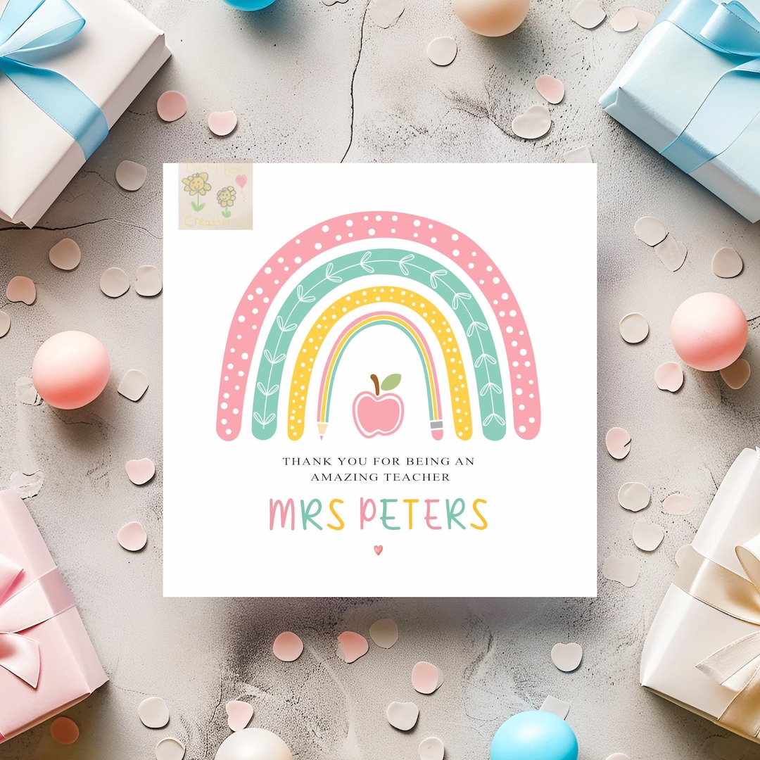 Personalised Teacher Card, Rainbow Design End of Term Thank You Card ...