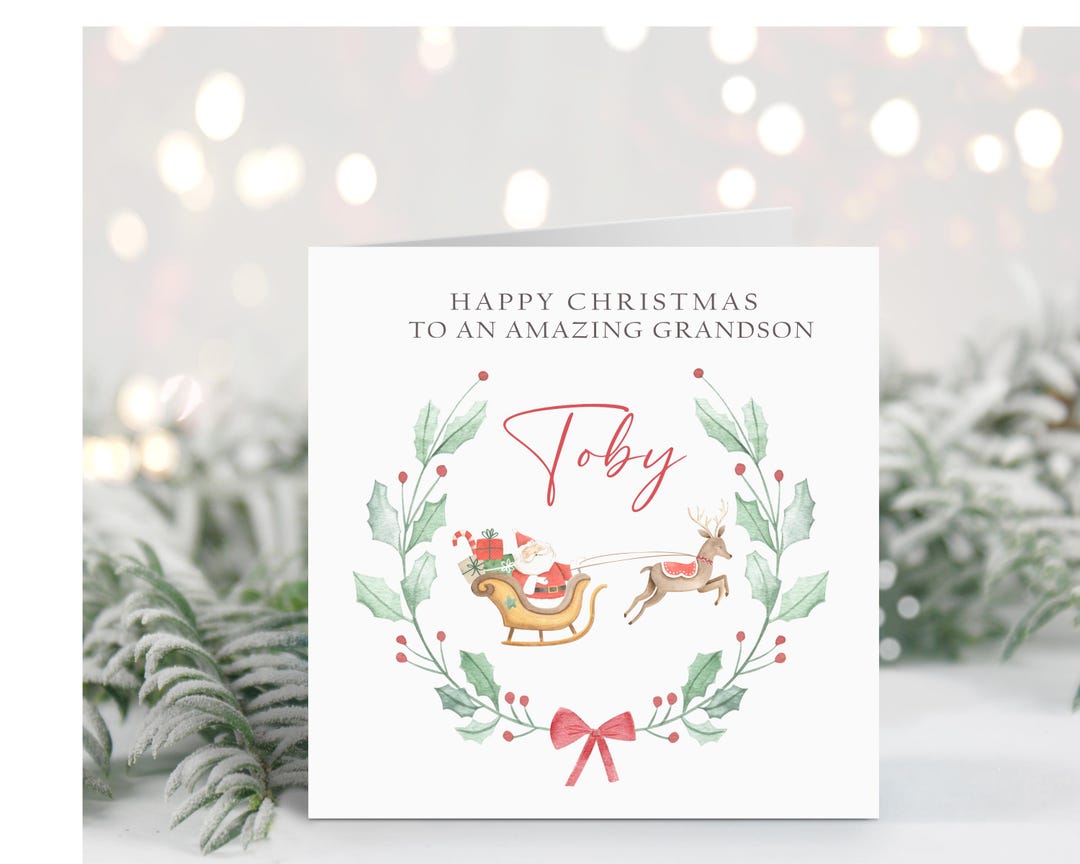 Children's Christmas Card, Personalised Santa Sleigh & Reindeer Design ...
