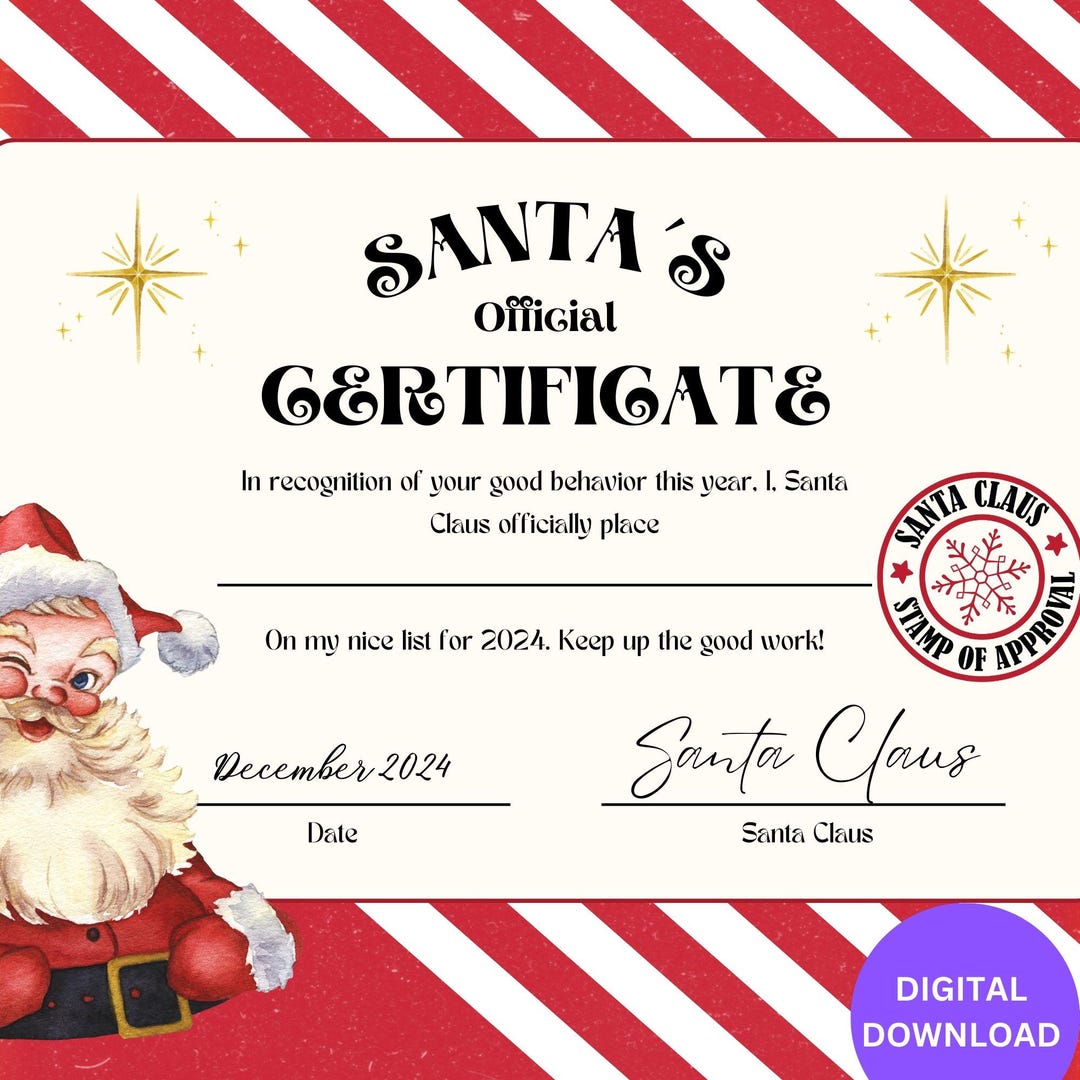 Kids Santa Nice List Certificate Digital Download. Kids Santa Gift Idea ...