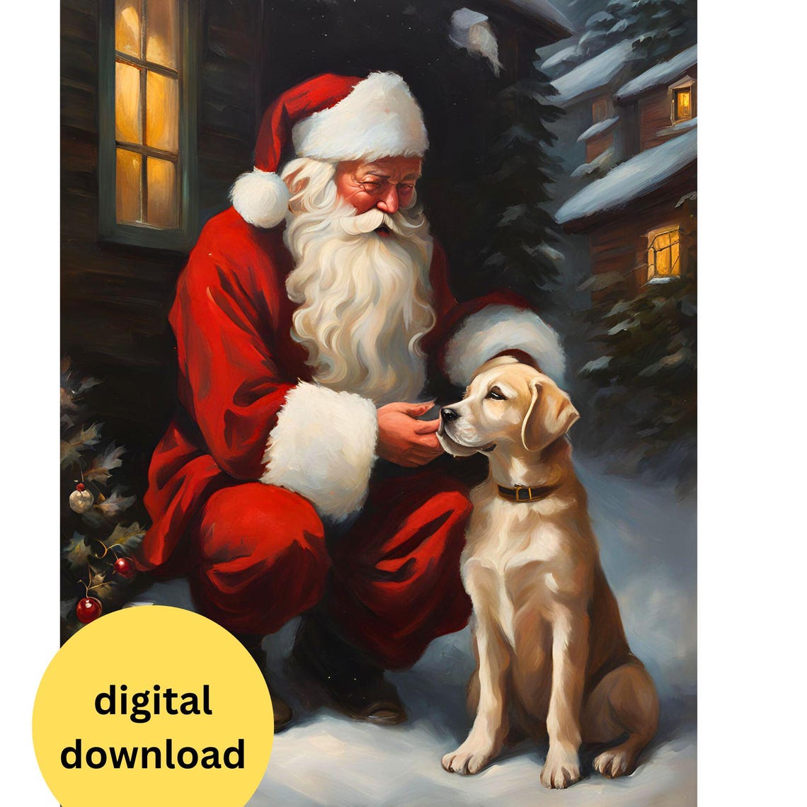Vintage Santa Wall Art Painting With Dog, Retro Santa, Dog Art Print ...