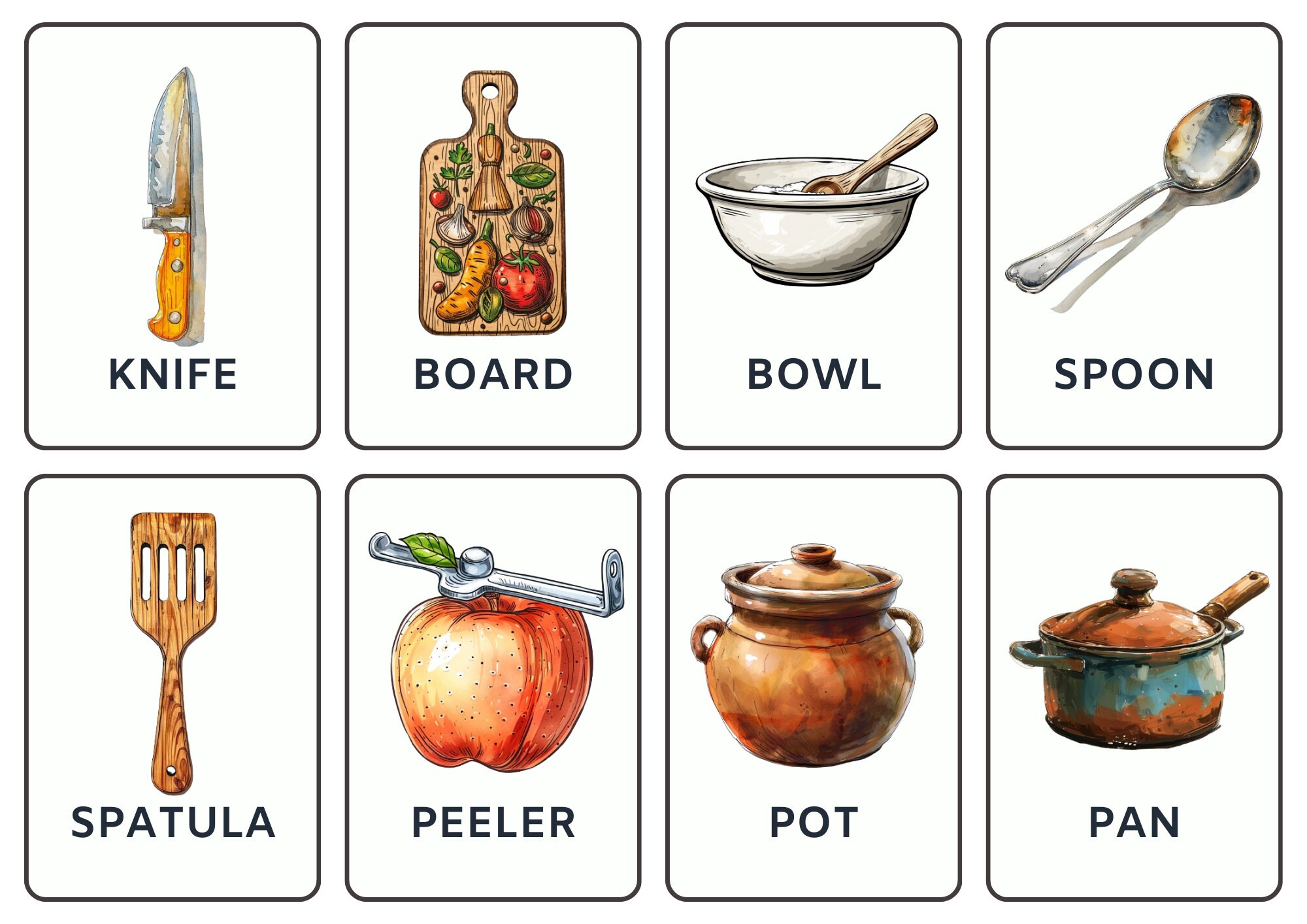 Cookware Flash Cards Educational - Etsy