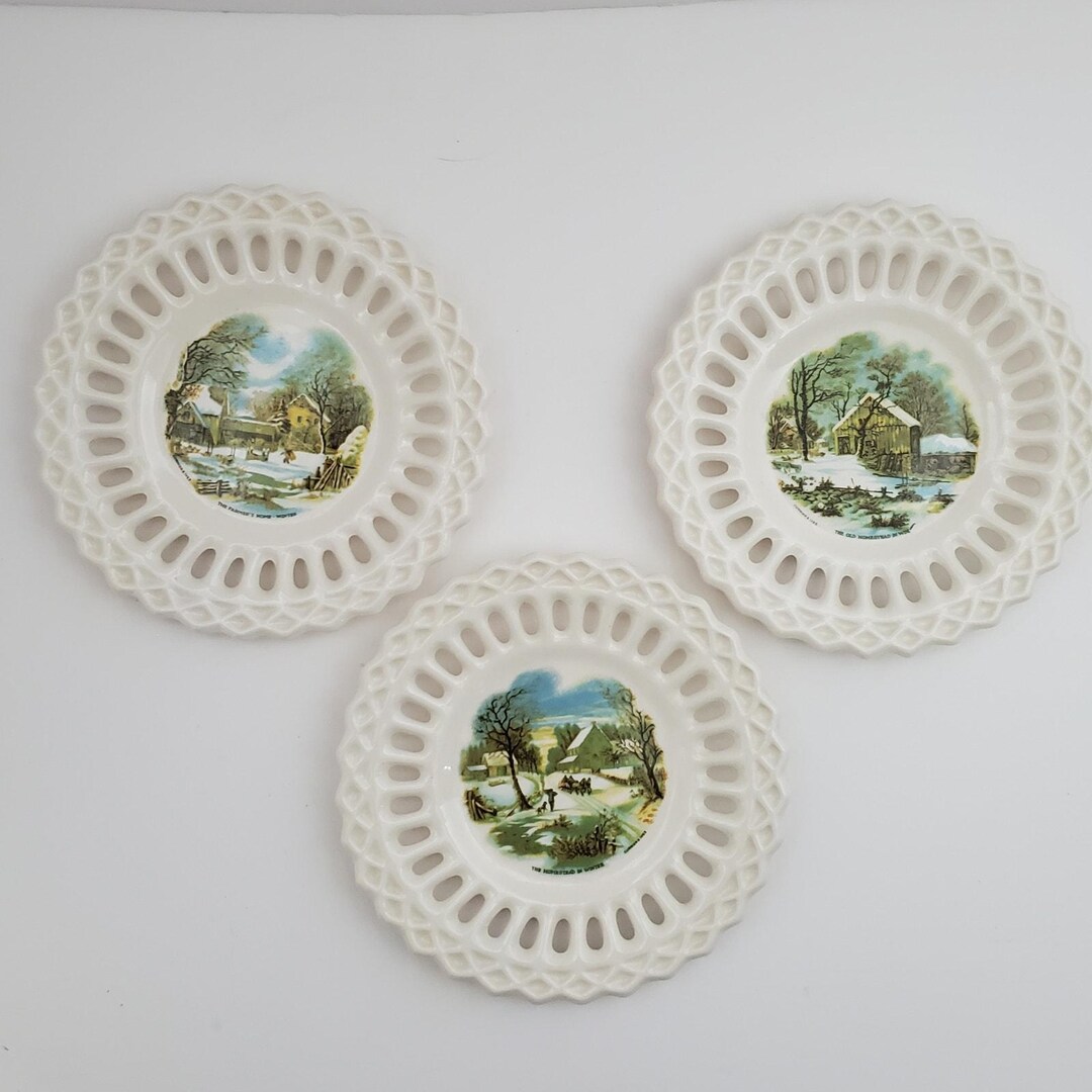Vtg 3 Pc Decorative Small Plates Winter Scenery Signed Florence ...
