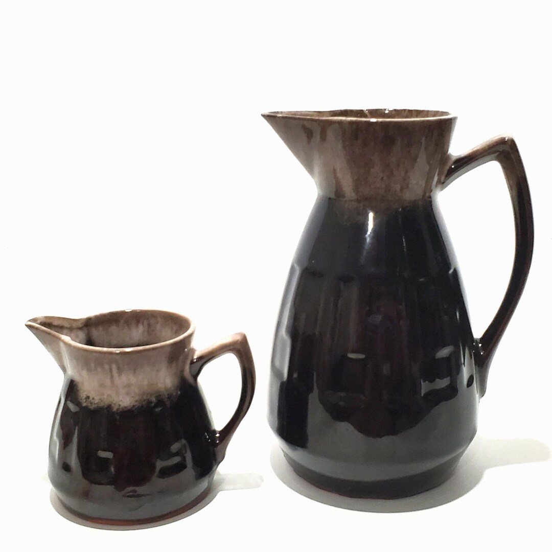 Vtg Chocolate Coffee/tea Carafe & Creamer Set Brown Drip Glaze Mid ...