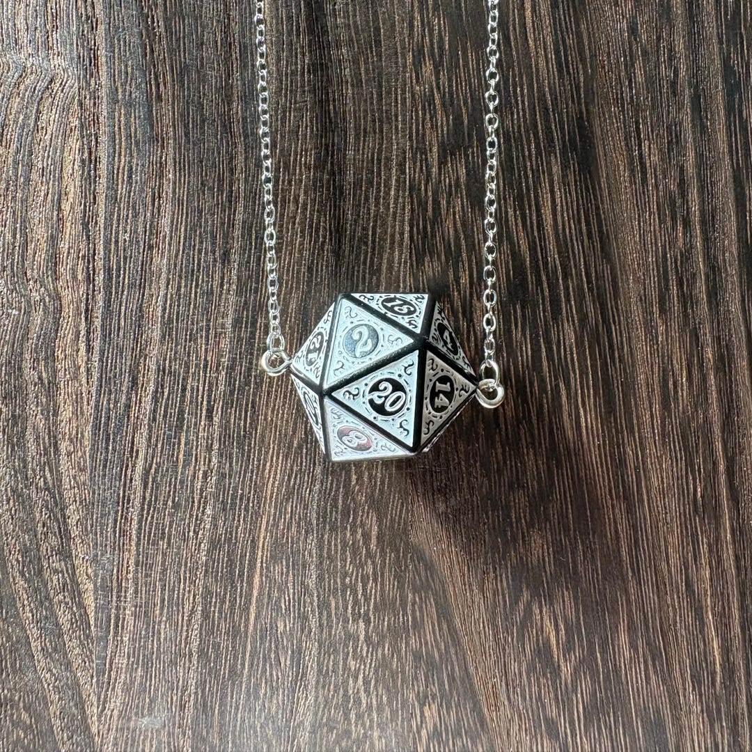Retro Black and White D20 Dice Necklace - Silver Chain Gaming Jewelry ...