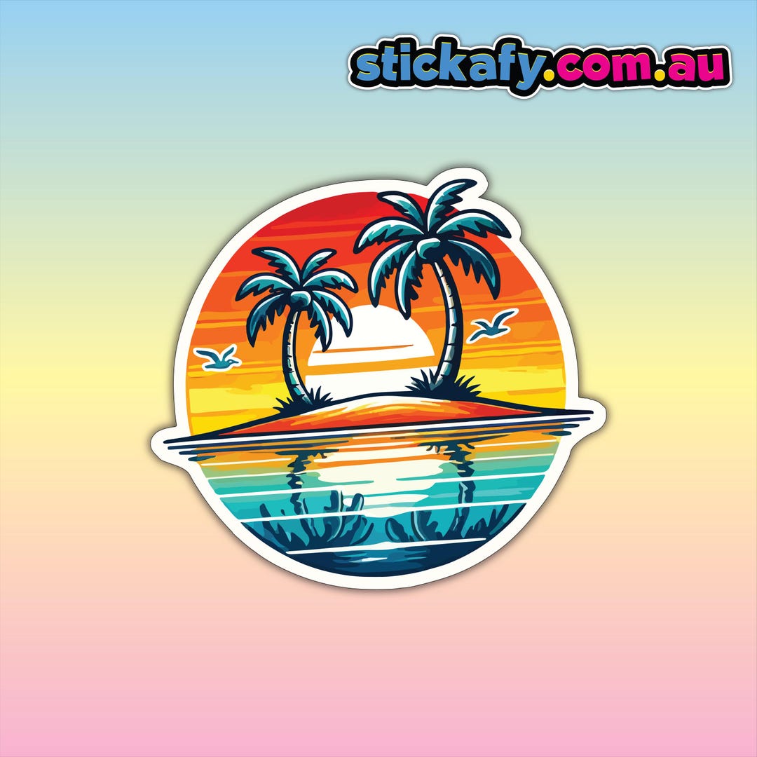 Sunset Island With Palm Trees Sticker - Waterproof Vinyl Sticker ...