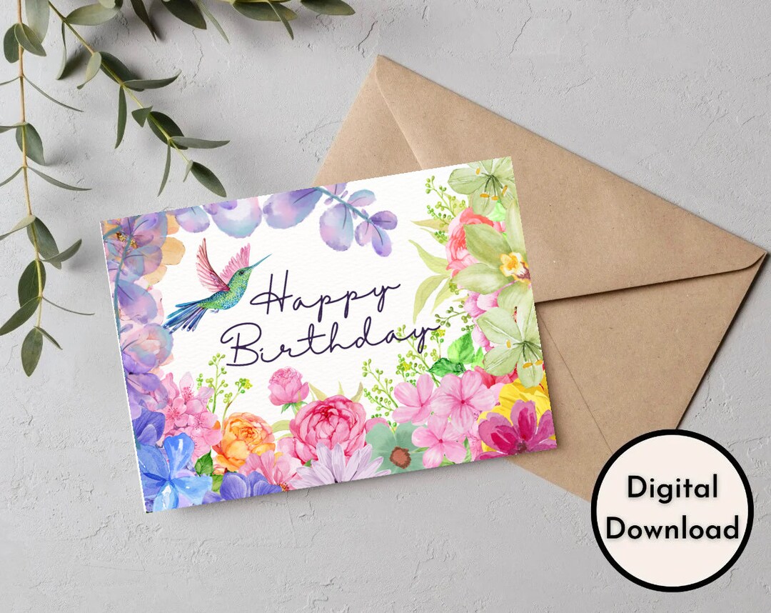 Happy Birthday Card DIGITAL Download Printable Bird and Flowers ...