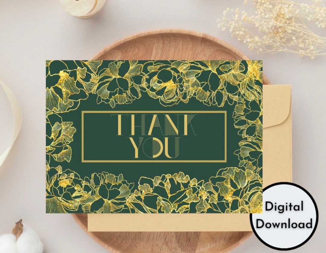 Elite Thank You Card Green Gold Design Unique Floral Leaf Theme Digital ...