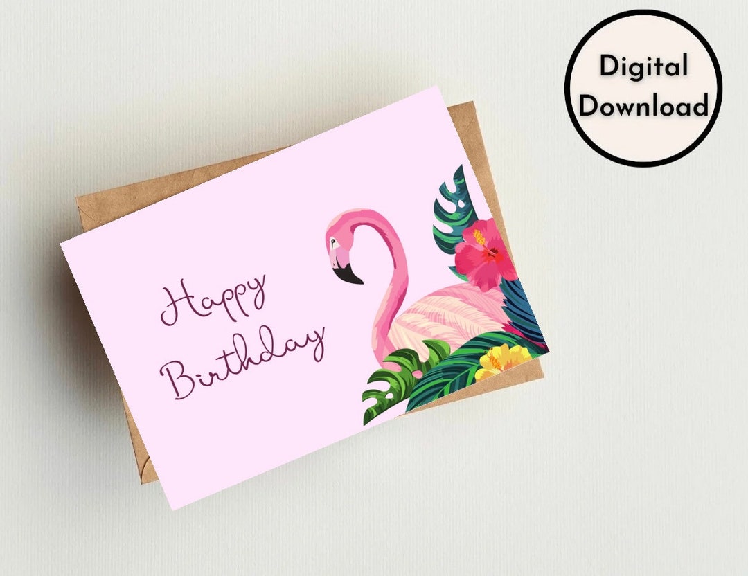 Happy Birthday Card Cute Pink Flamingo Tropical Floral Animals Theme ...