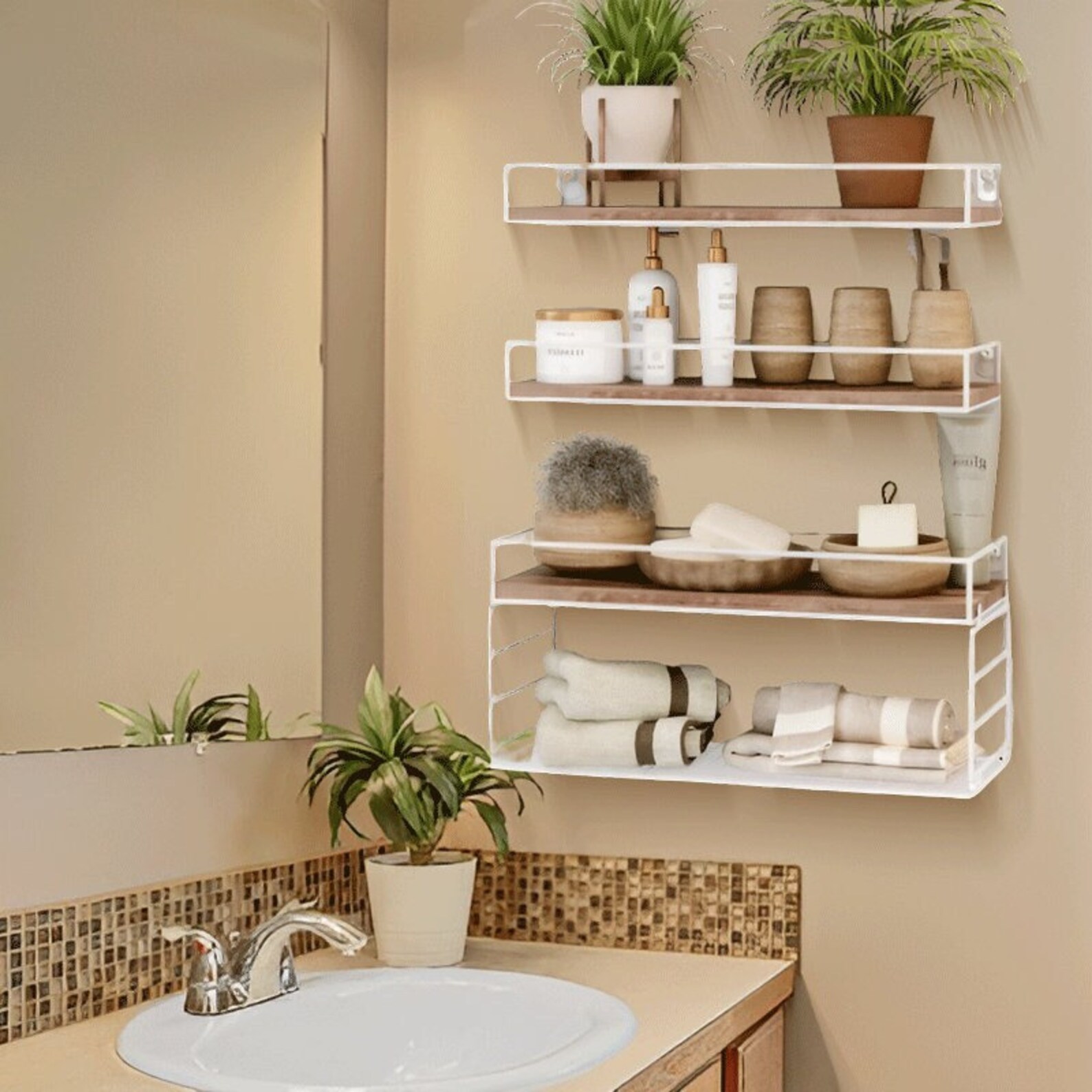 Set of 3 Rustic Wood Bathroom Shelves With Paper Storage Basket ...