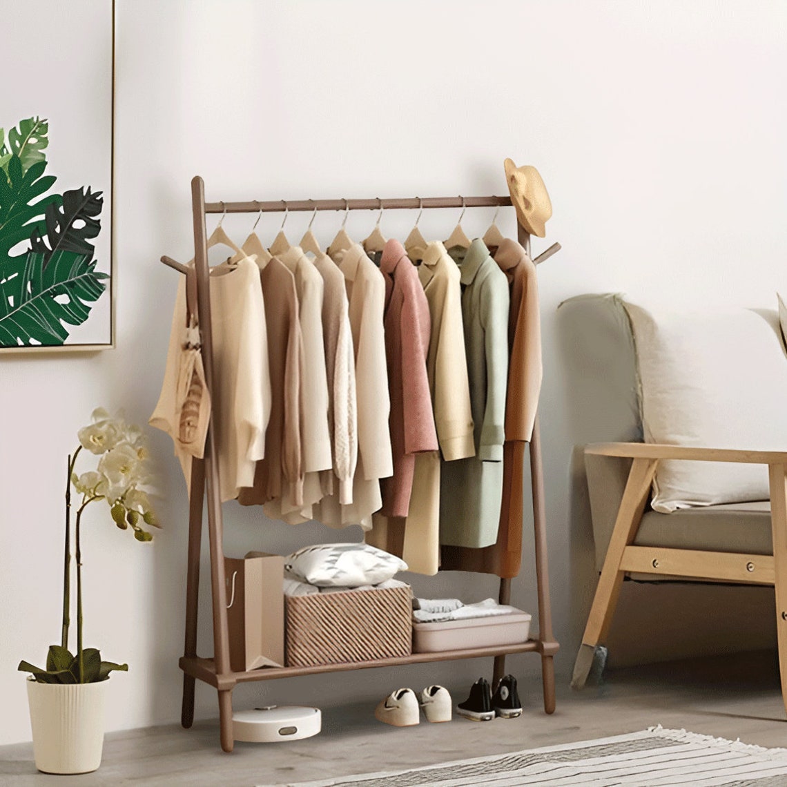 Solid Wood Garment Rack With Shelf & Hooks Clothes Rack Dress up Rack ...