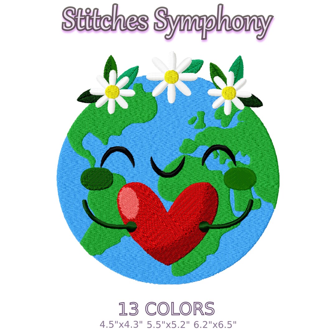 Earth Embroidery Design: Smiling Planet With Heart and Flowers (digital ...