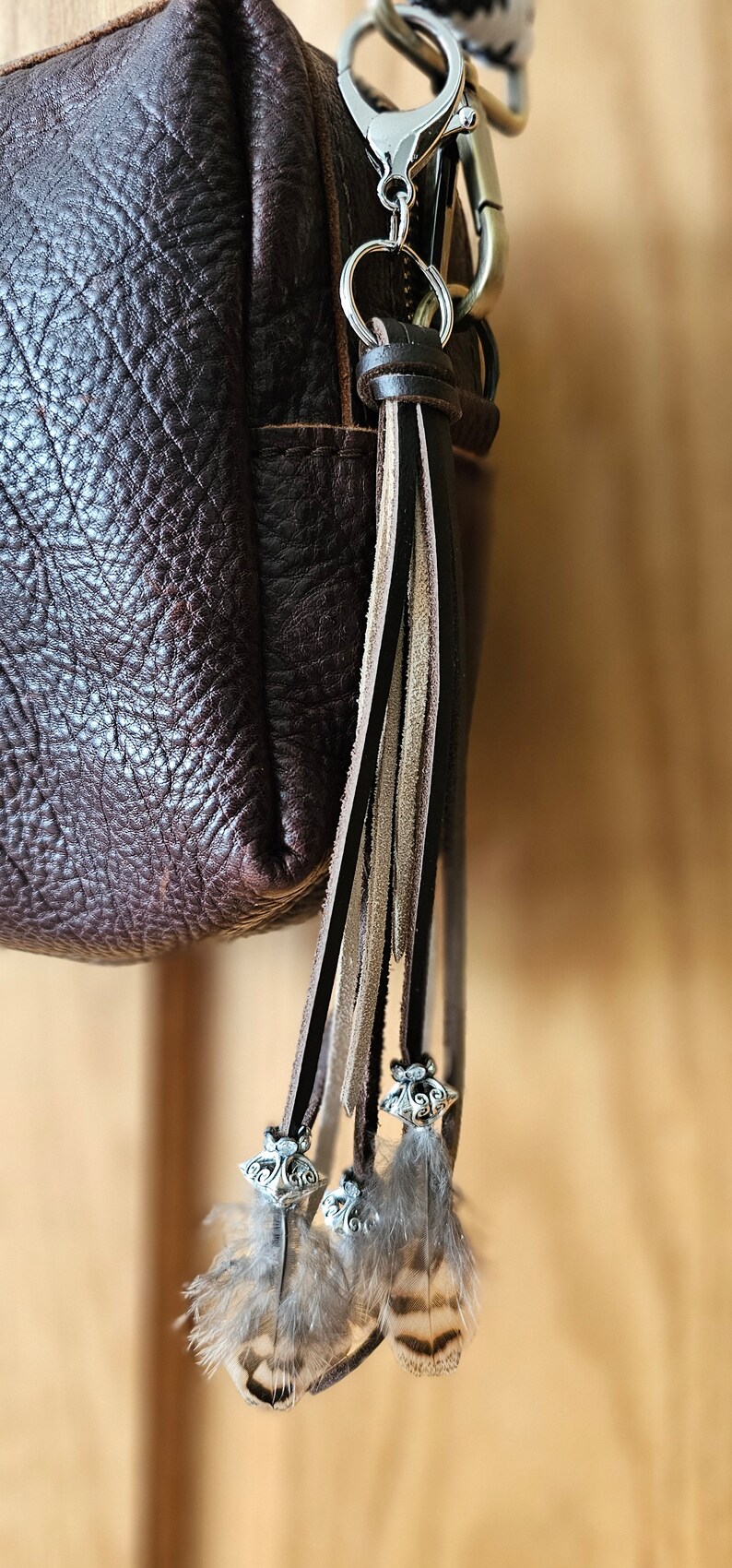 Mixed Dark Brown Leather and Beige Suede Keychain With Silver Beading ...