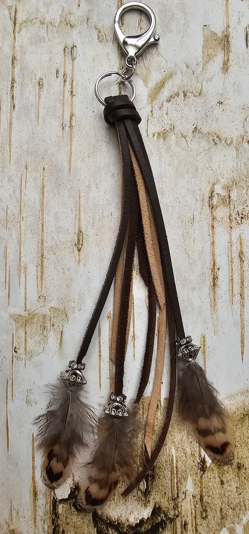 Mixed Dark Brown Leather and Beige Suede Keychain With Silver Beading ...