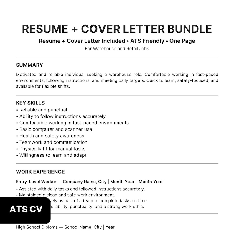 ATS Resume + Cover Letter Template for Warehouse & Retail Jobs | One ...