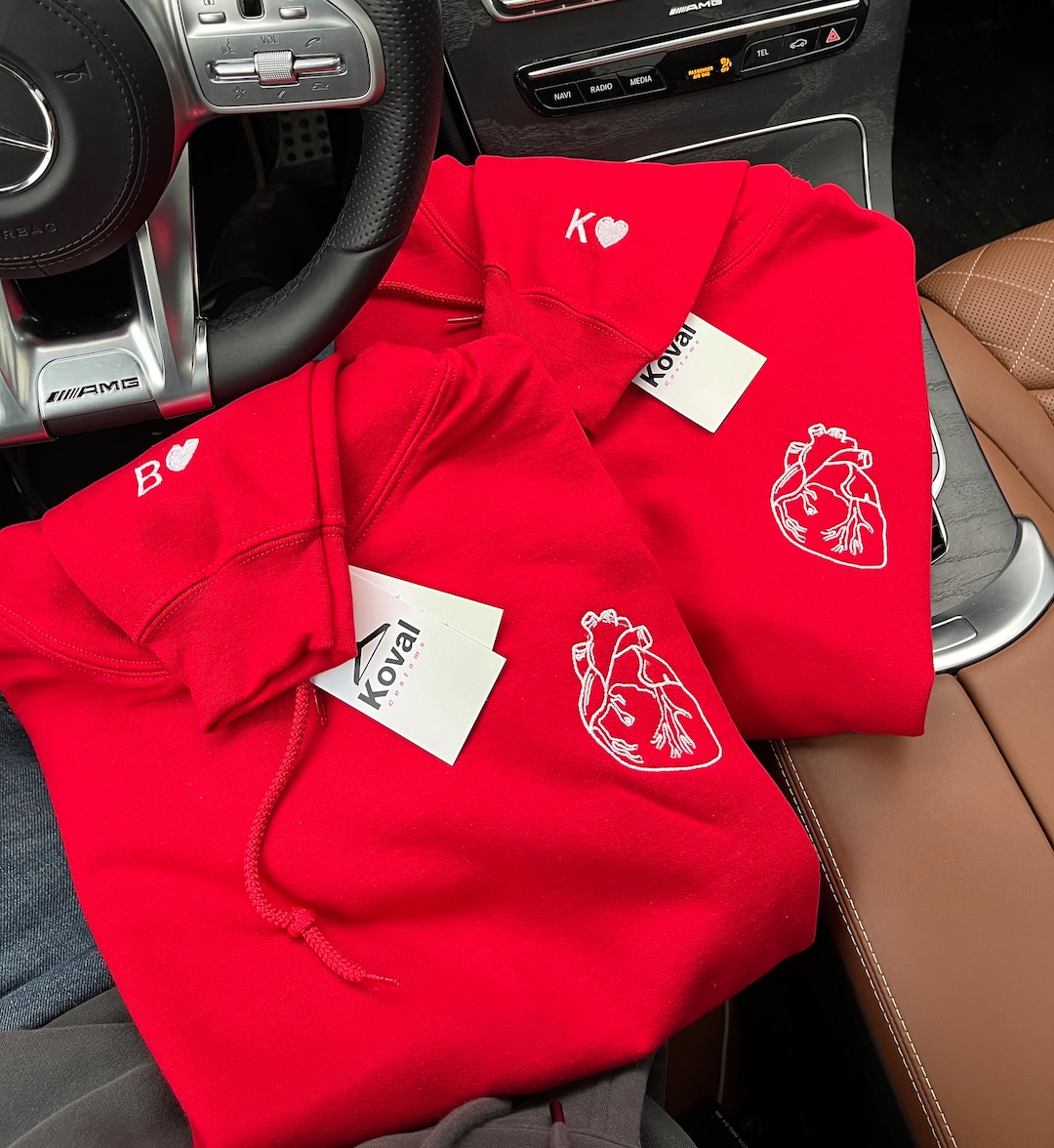 Couple Matching Heart Hoodie, Anniversary Gift for Him, Embroidered ...