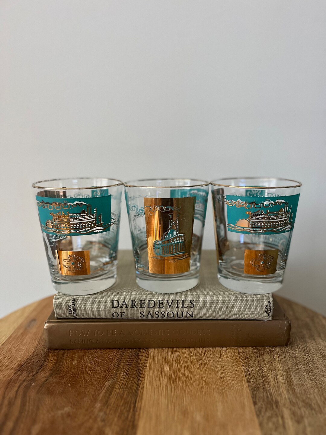 Set of 3 Southern Comfort Glasses by Libbey Turquoise Gold Steamboat ...