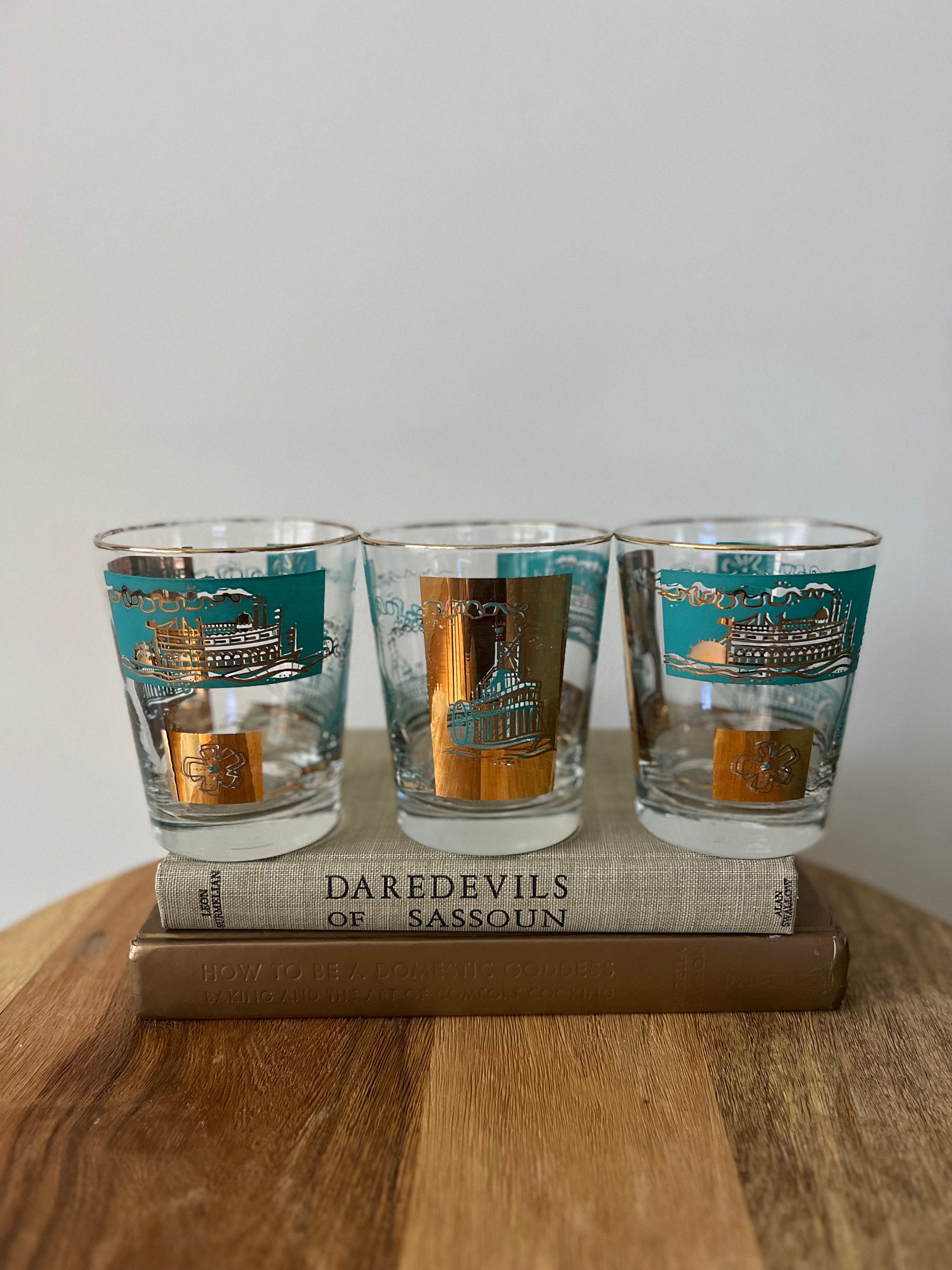 Set of 3 Southern Comfort Glasses by Libbey Turquoise Gold Steamboat ...