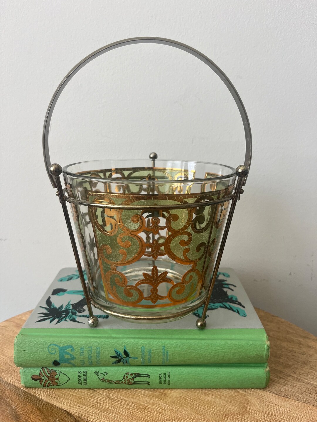 Vintage Starlyte Green and Gold Scroll Ice Bucket or Accessory Caddy ...