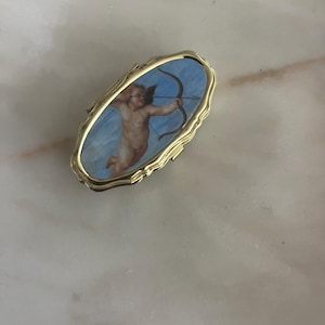 Adorable Vintage Angel Travel Sewing Kit Pill Box Gold and Blue Cherub ...