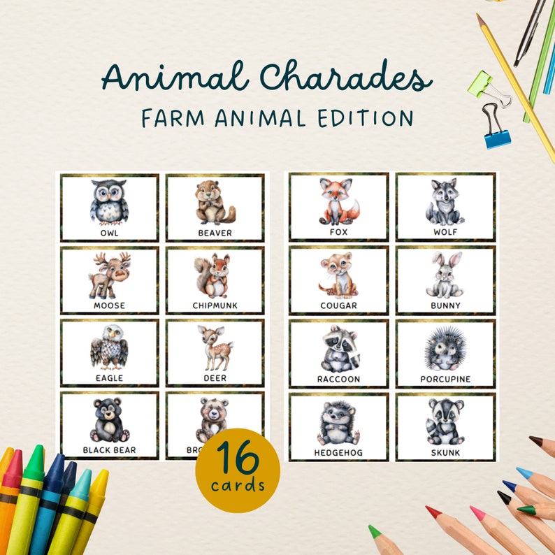 Woodland Creature Charades, Baby Shower Games, Kids Party Games, Kids ...