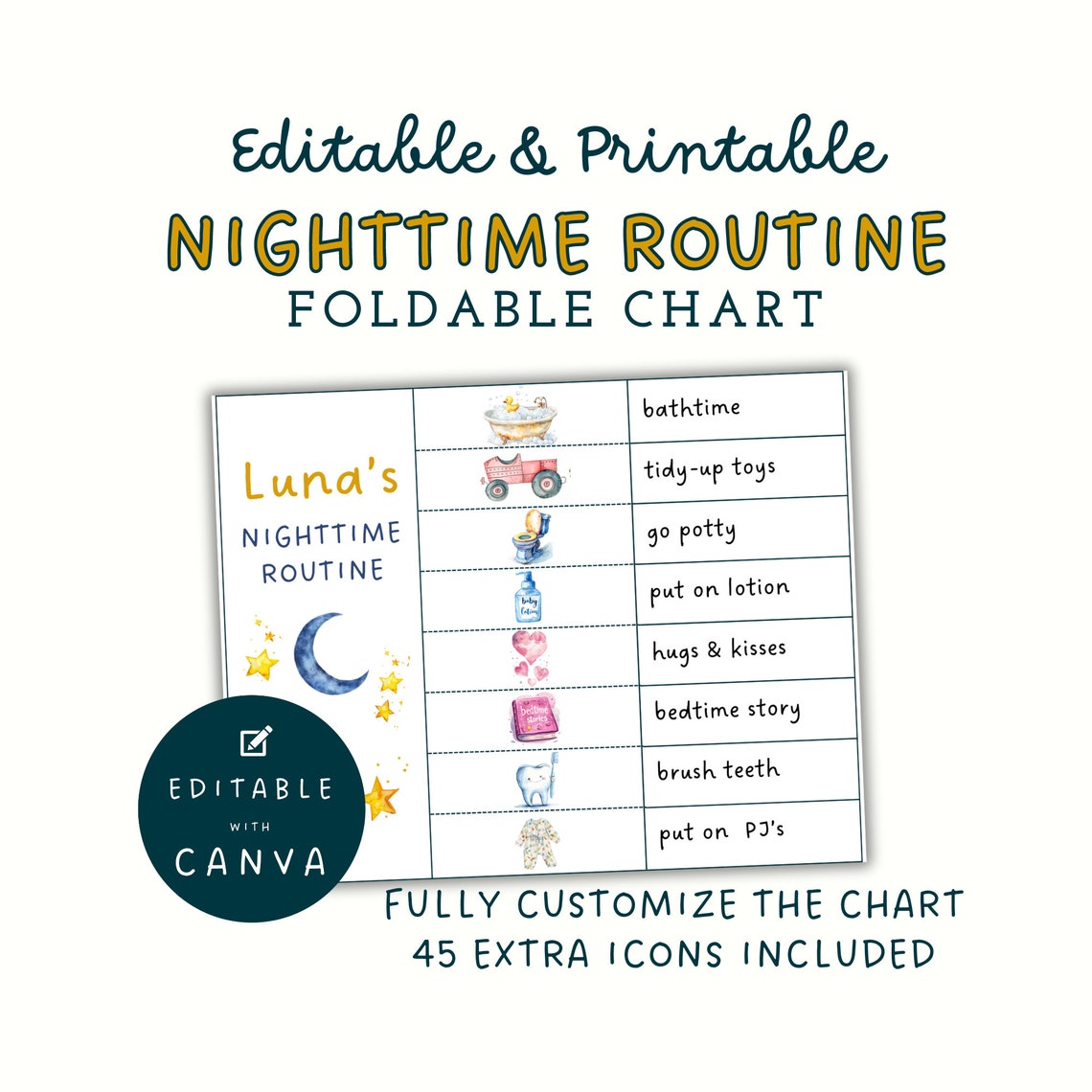 Toddler Nighttime Routine Chart, Visual Schedule for Kids, Bedtime ...