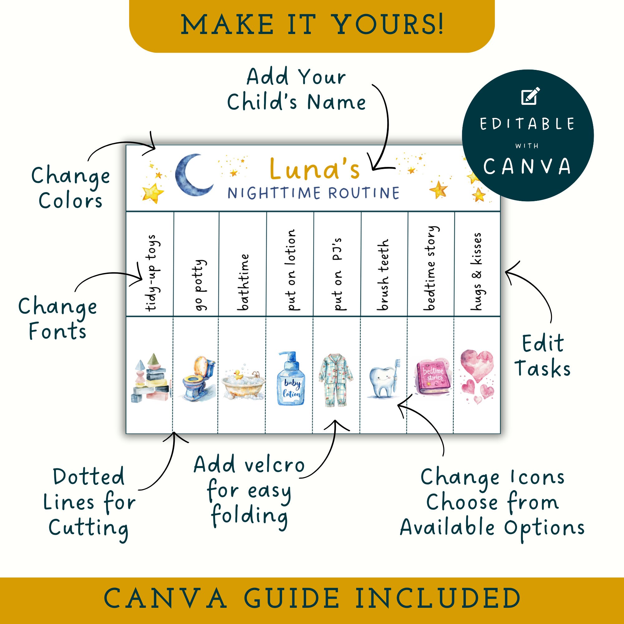 Toddler Nighttime Routine Chart, Visual Schedule for Kids, Bedtime ...