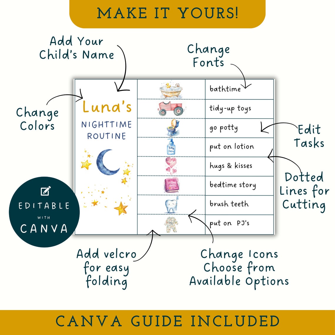 Toddler Nighttime Routine Chart, Visual Schedule for Kids, Bedtime ...