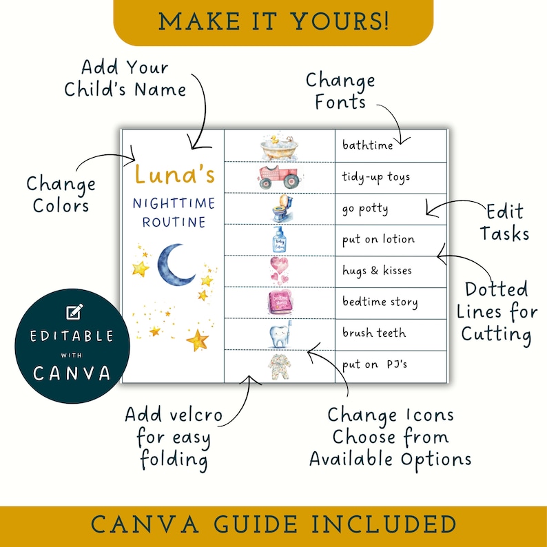 Toddler Nighttime Routine Chart, Visual Schedule for Kids, Bedtime ...