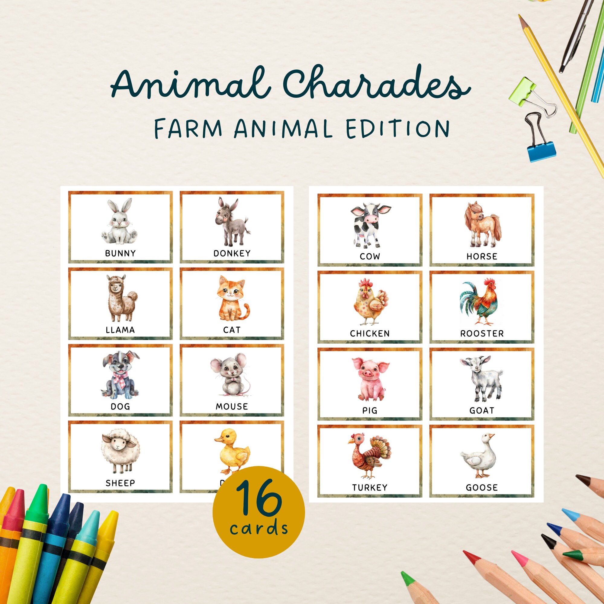 Farm Animal Charades Printable Game, Family Fun Night, Kids Party ...
