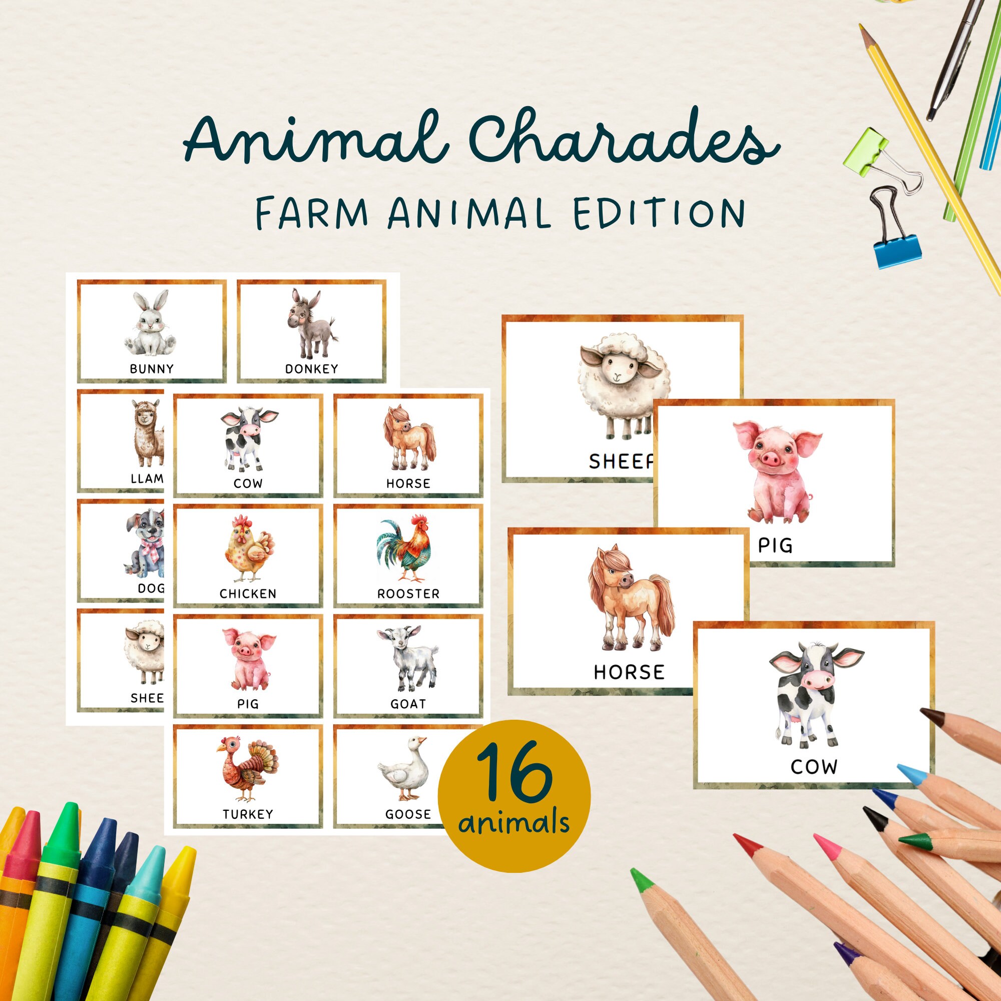 Farm Animal Charades Printable Game, Family Fun Night, Kids Party ...