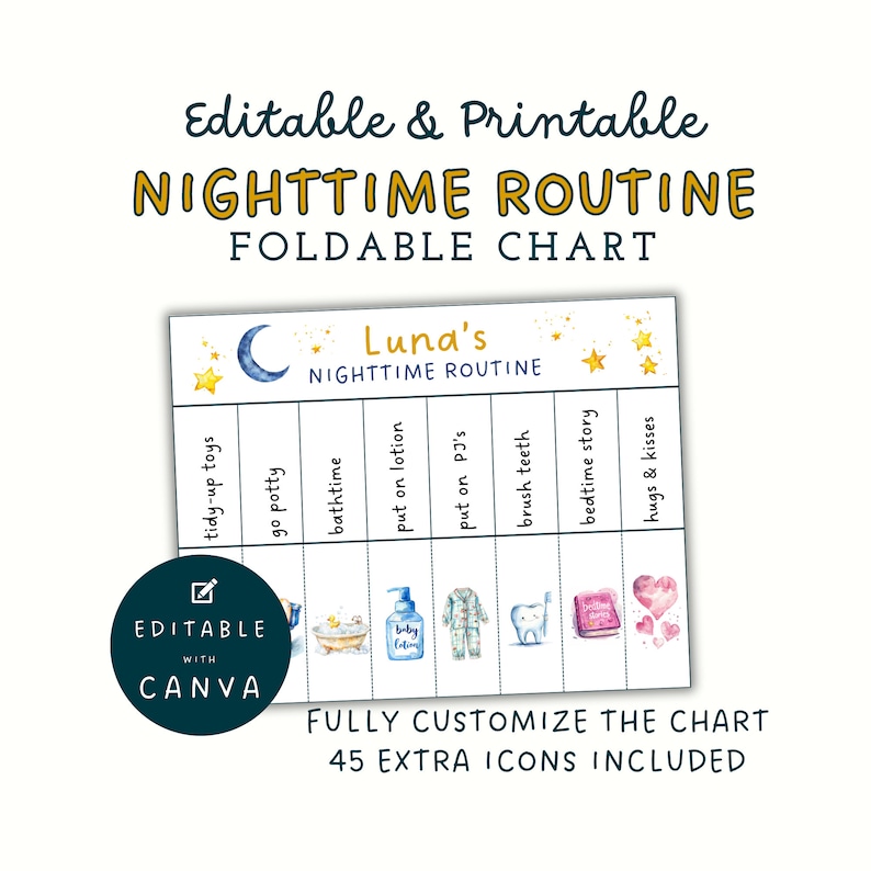 Toddler Nighttime Routine Chart, Visual Schedule for Kids, Bedtime ...