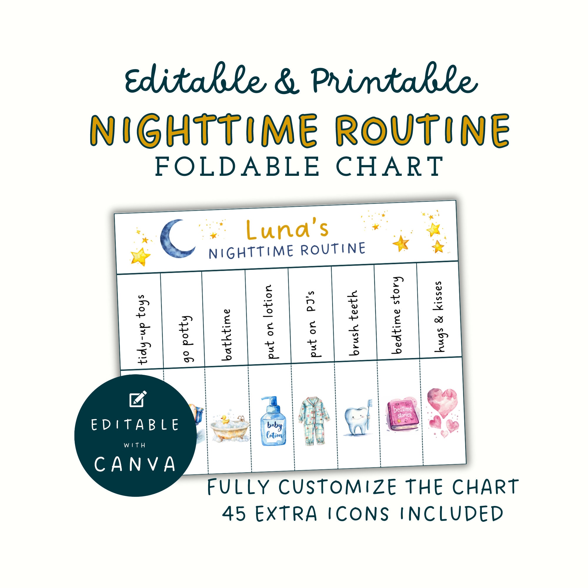 Toddler Nighttime Routine Chart, Visual Schedule for Kids, Bedtime ...