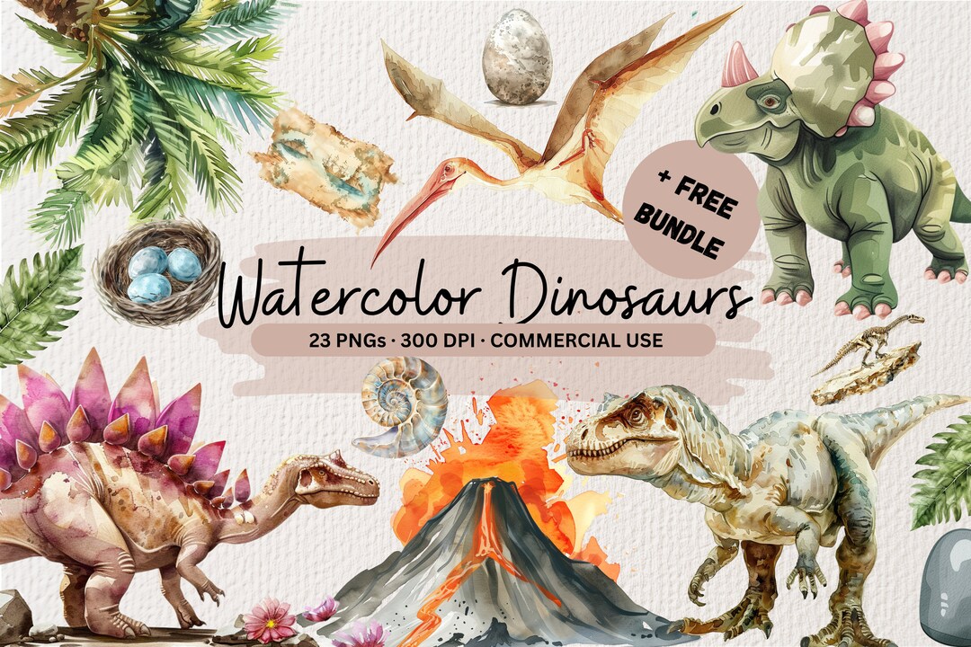 Watercolor Dinosaur Clipart Bundle | Cute Dino Clip Art | Dinosaur ...