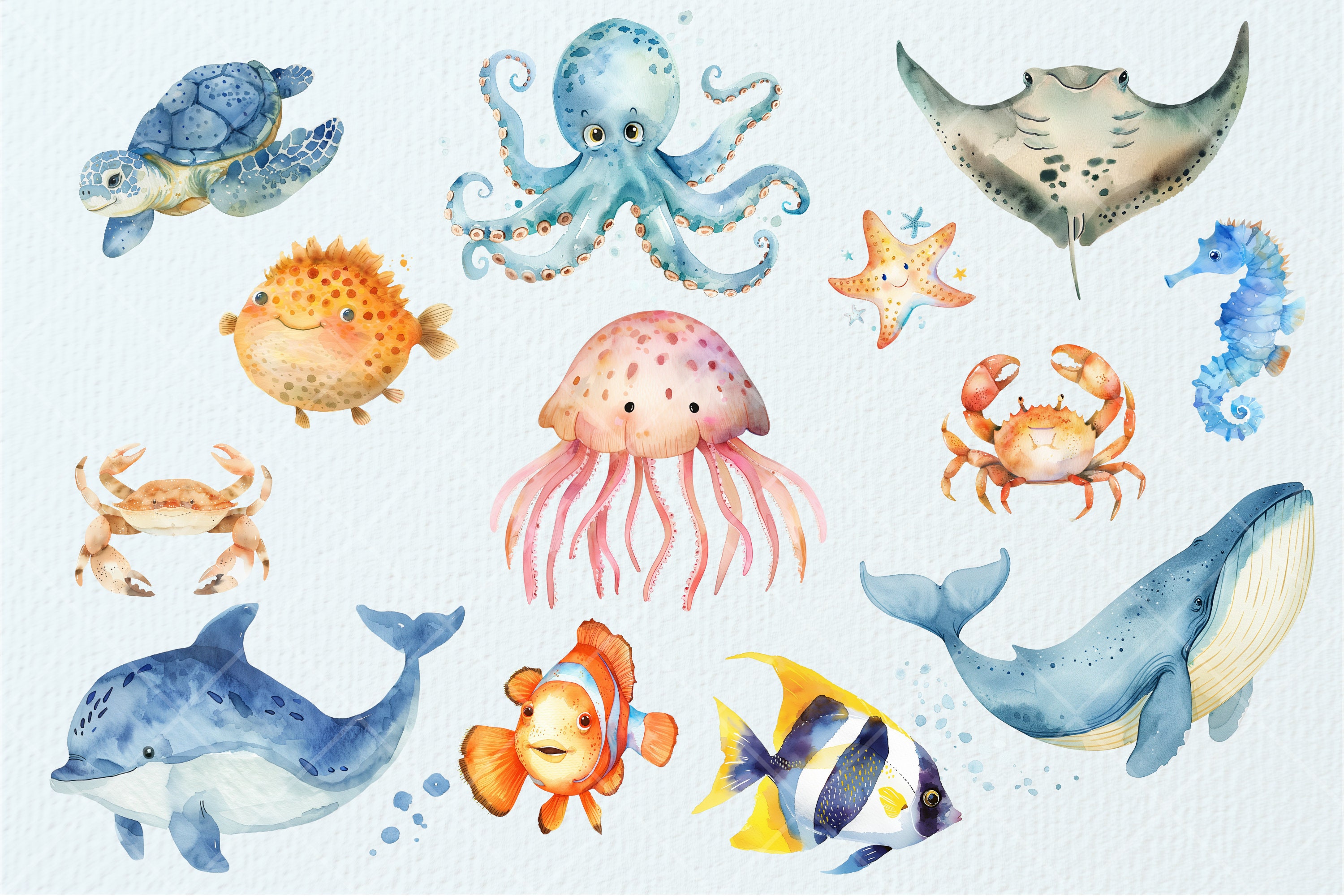 Watercolor Underwater Clipart Bundle Cute Ocean Animals PNG Under the ...