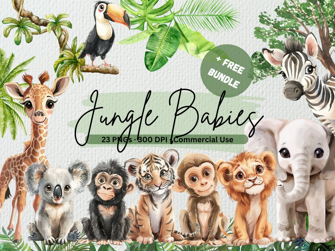 Baby Jungle Animals Clipart Watercolor Jungle Clip Art Bundle Jungle ...