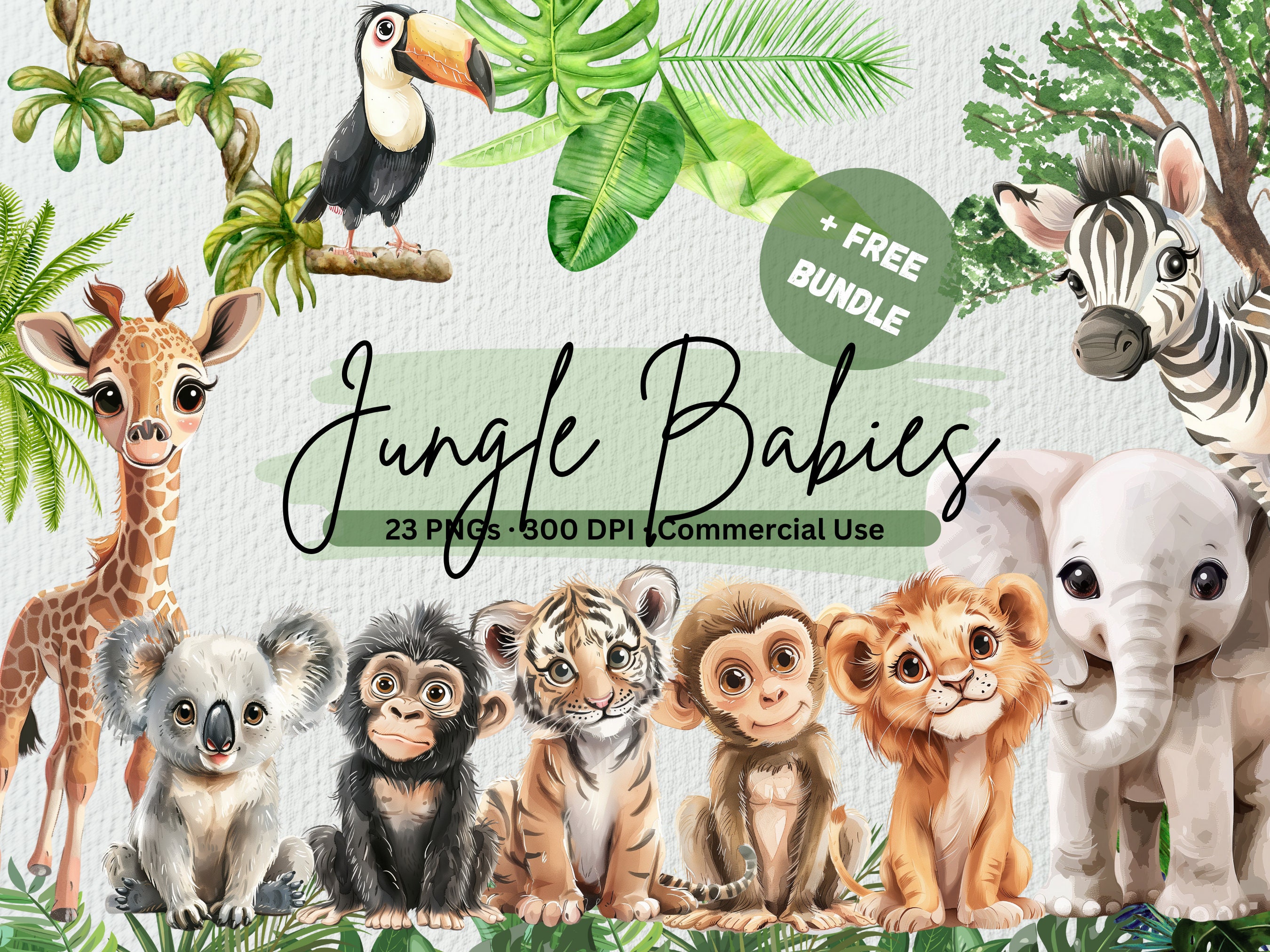 Baby Jungle Animals Clipart Watercolor Jungle Clip Art Bundle Jungle ...